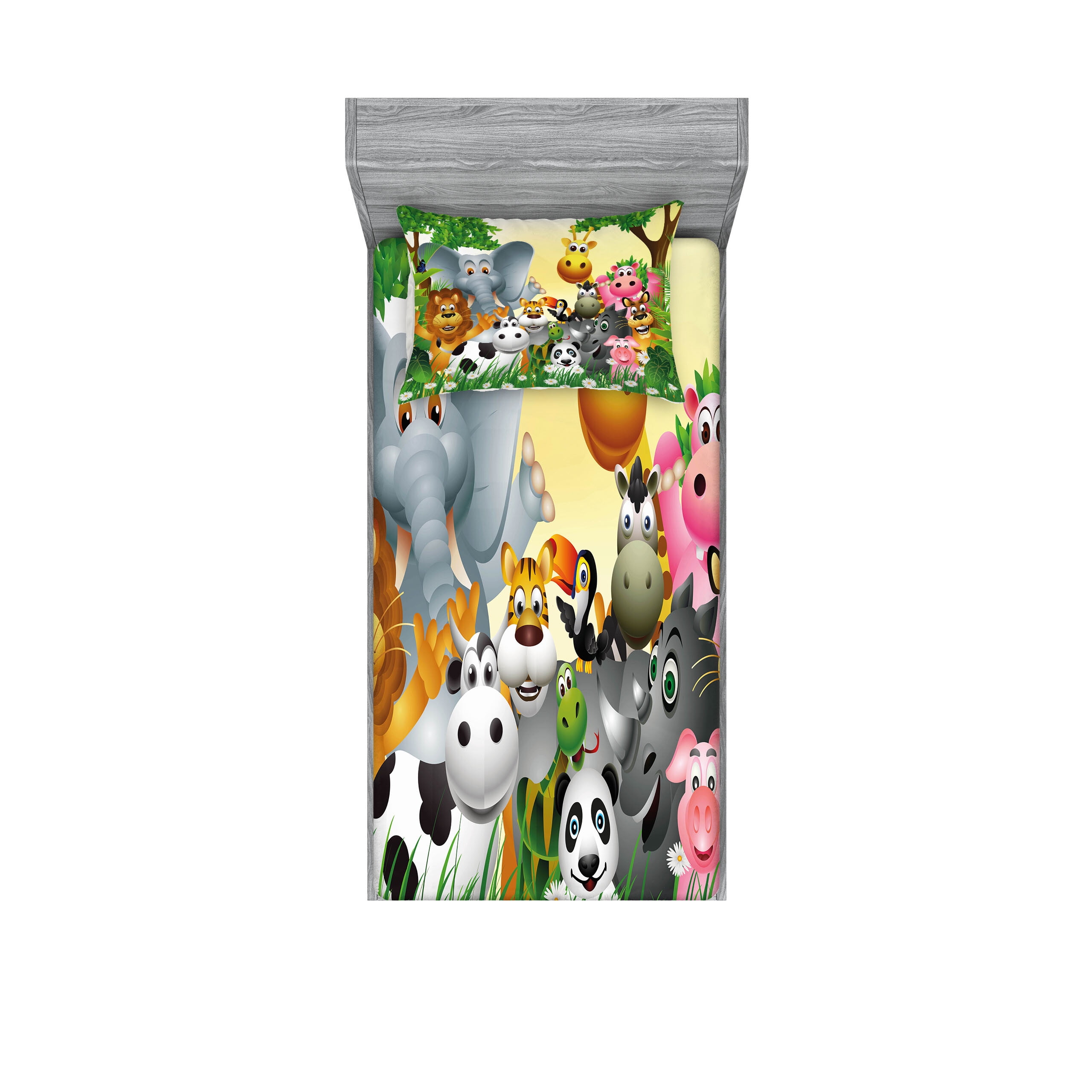 Animal Fitted Sheet & Pillow Sham Set, Animals in Jungle Giraffe Panda ...