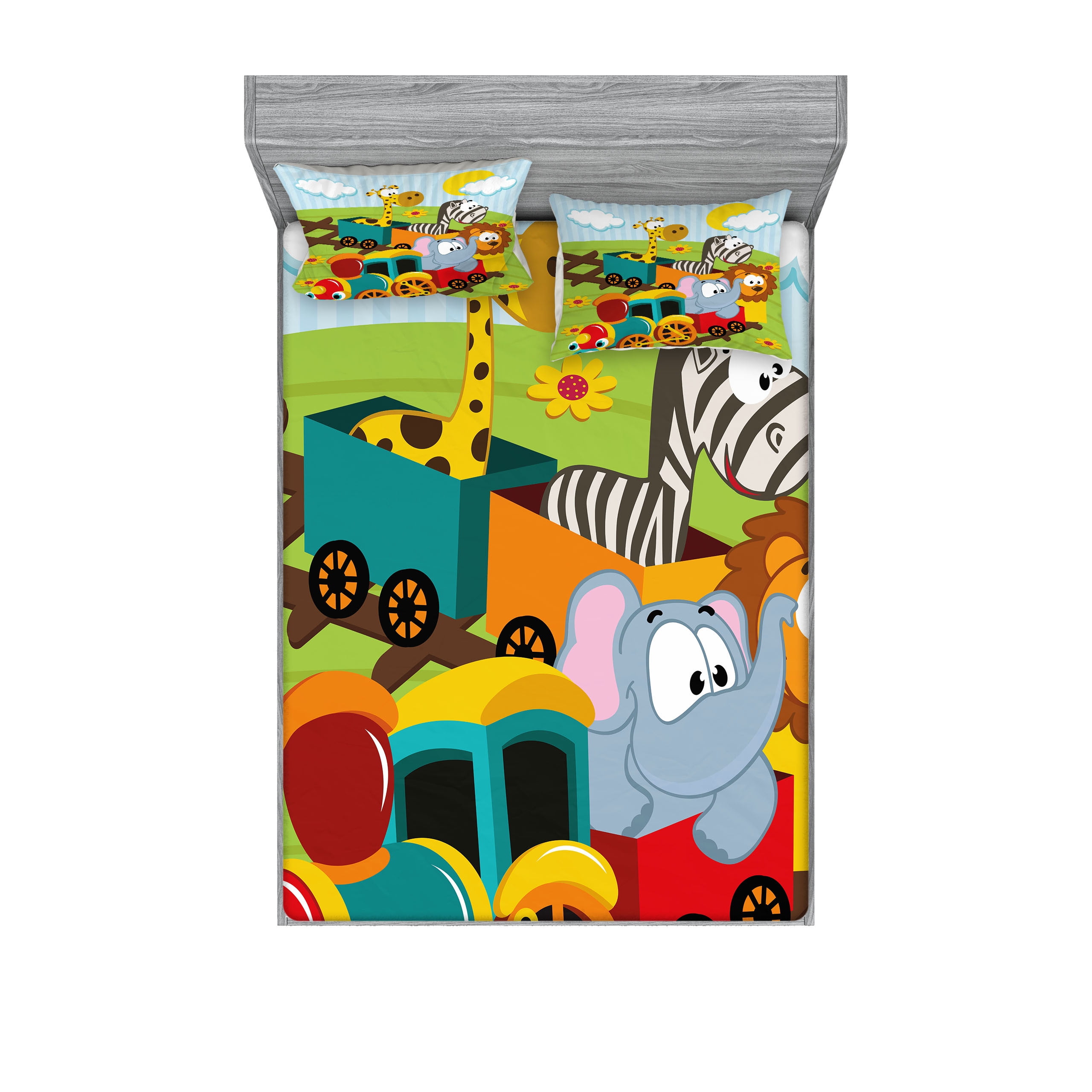 Animal Fitted Sheet & Pillow Sham Set, Cartoon Savannah Wild Animals in ...