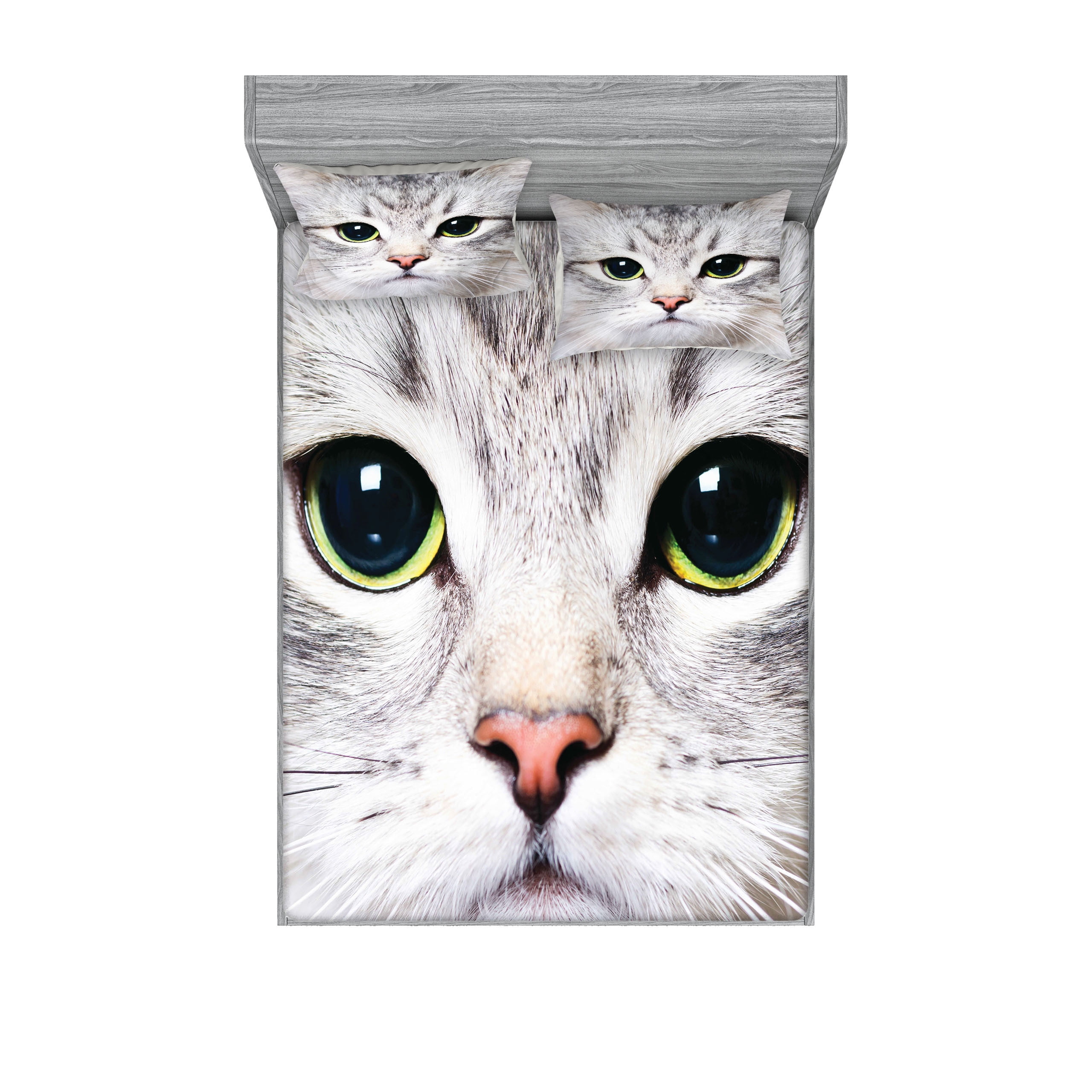 Animal Fitted Sheet & Pillow Sham Set, Cat Print Kitten Kitty Face Look ...