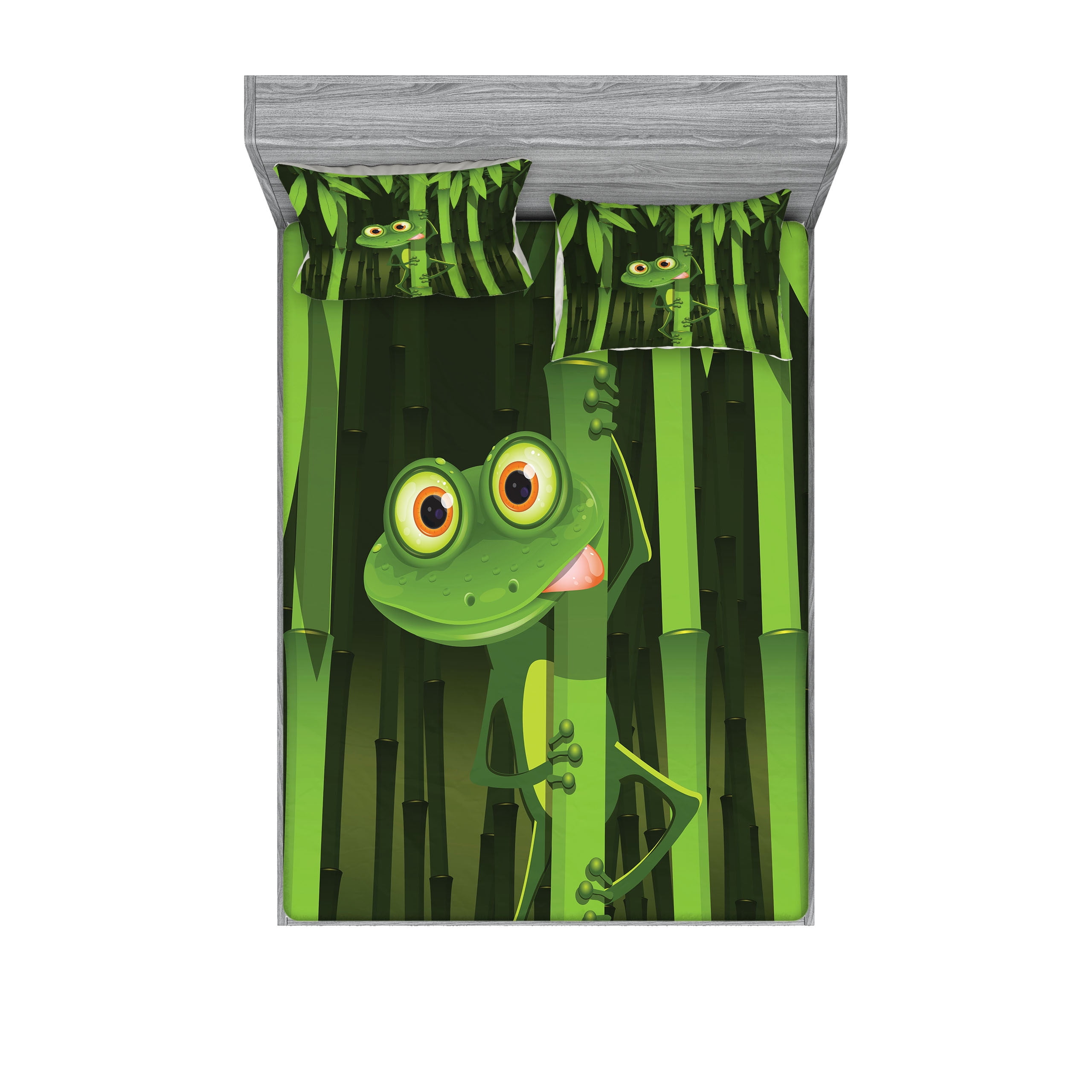 Animal Fitted Sheet & Pillow Sham Set, Funny Illustration of a Friendly ...