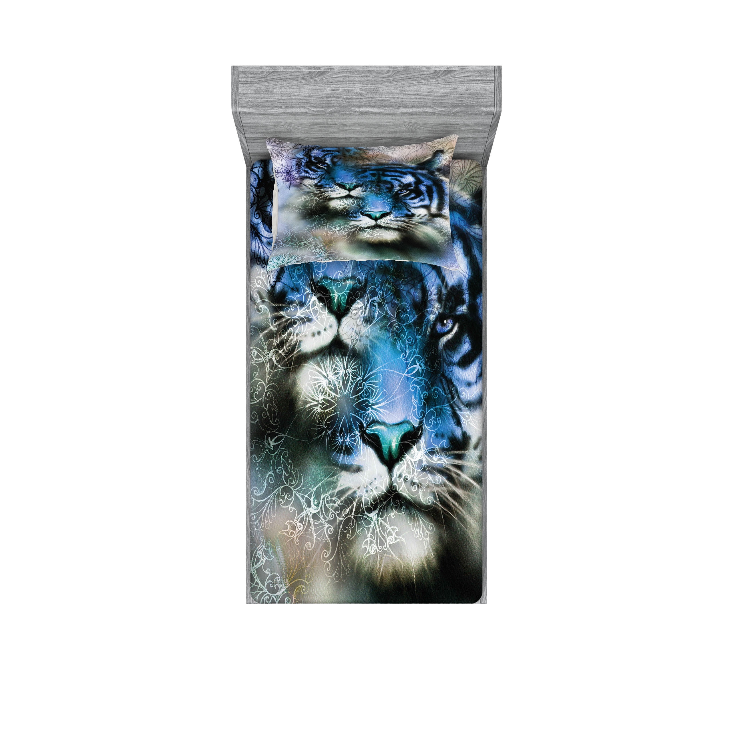 Animal Fitted Sheet & Pillow Sham Set, Illustration of 2 Tigers ...