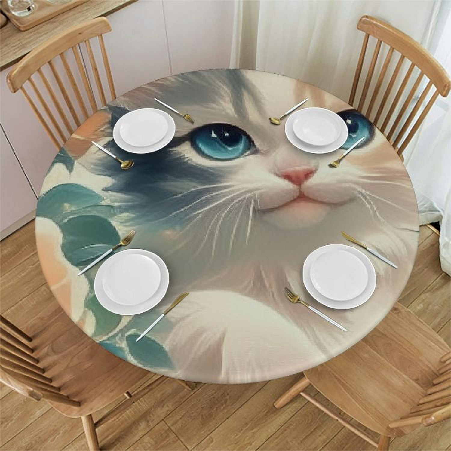 Animal Flower Cat Round Tablecloth Waterproof Fitted Table Cloth with ...