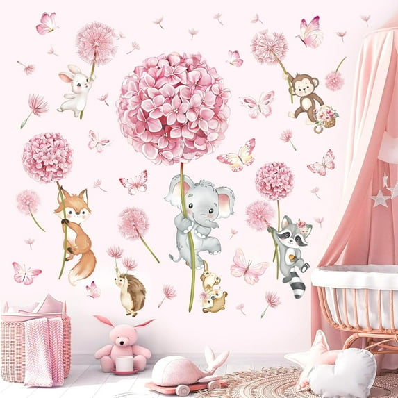 Animal Flower Pink Dandelion Wall Stickers Forest Animals Elephant Fox ...