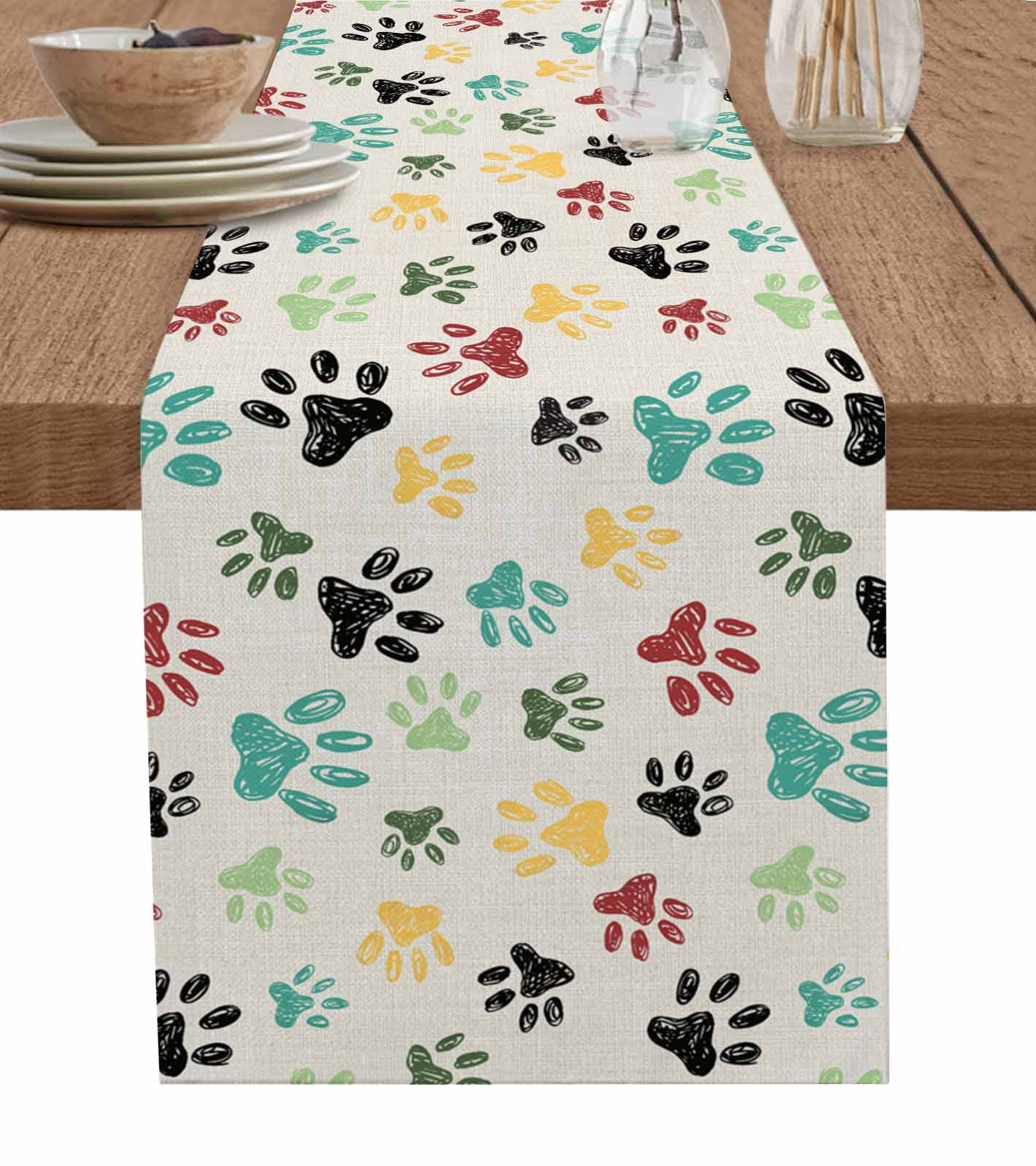Animal Footprints Graffiti Linen Cloth Table Runner Kitchen Table Cover ...