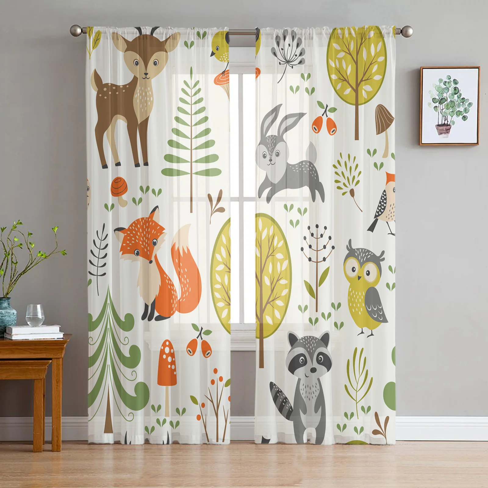 Animal Fox Forest Winter Birch Tree Tulle Sheer Curtains for Living ...