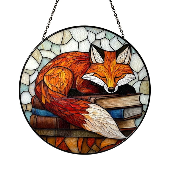 Animal Fox on Books Stained Glass Suncatcher Decorative Window Art for ...