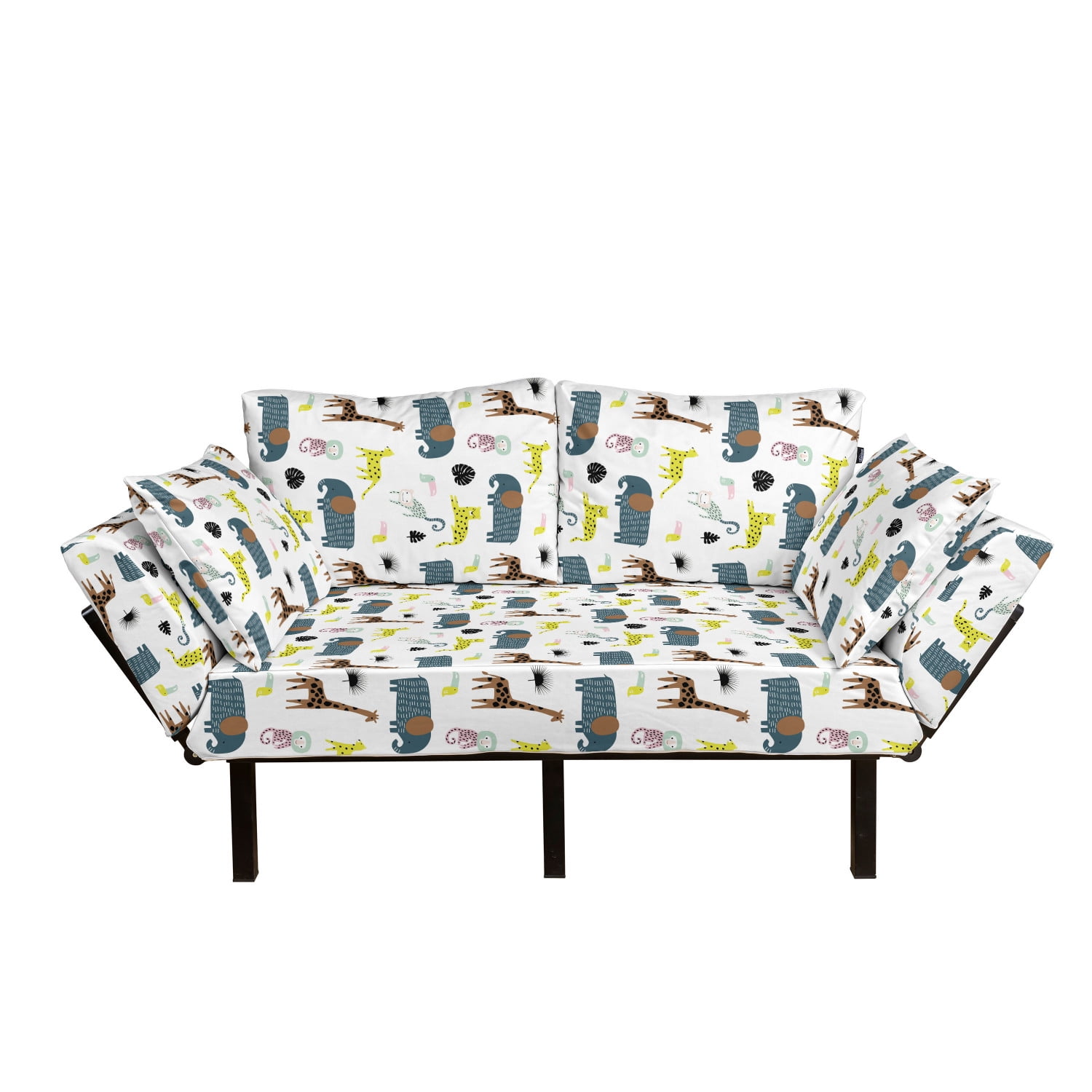 Animal Futon Couch, Cartoon Style Arrangement with Savannah Fauna ...