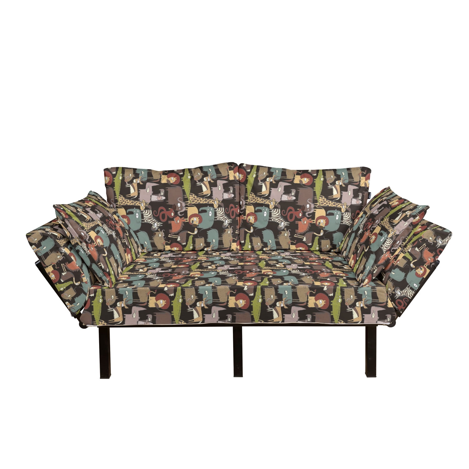 Animal Futon Couch, Cartoon Style Fauna of Savannah Giraffe Antelope ...
