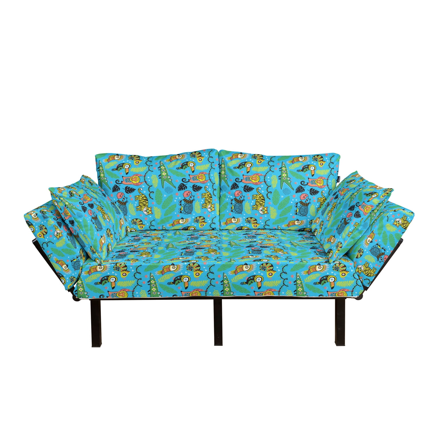 Animal Futon Couch, Colorful Pattern of Various Jungle Animals in a ...