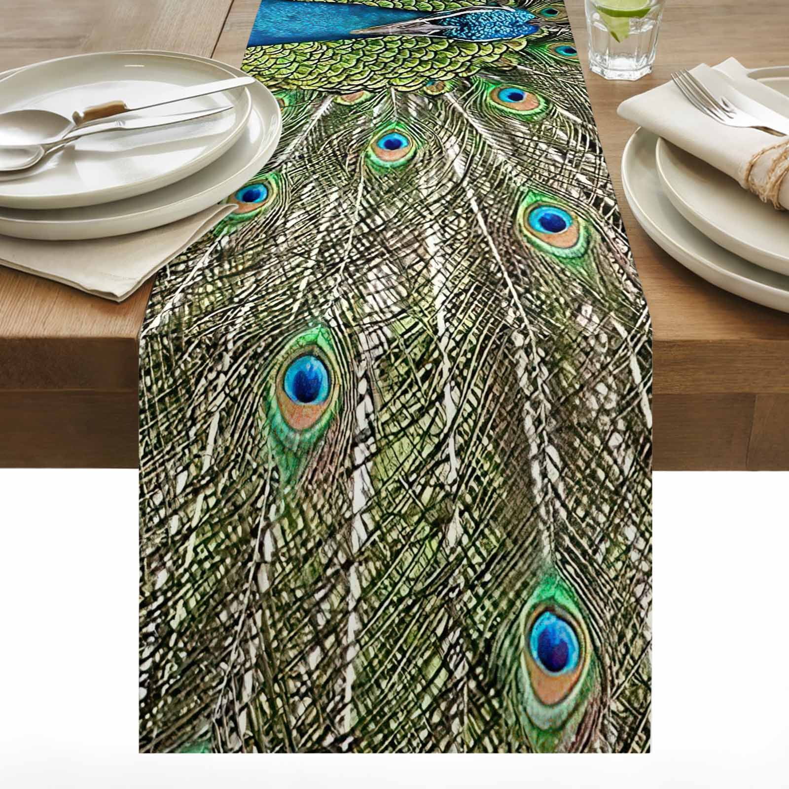 Animal Green Table Runner 13x90 inch Peacock Cotton Linen Dining Table ...