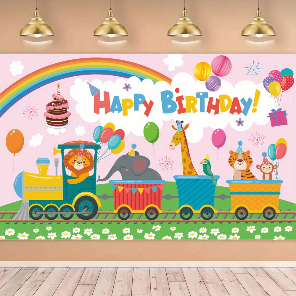 Animal Happy Birthday Backdrop Train Animal Rainbow Pink Birthday ...
