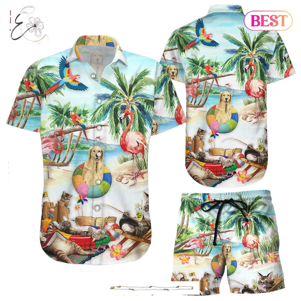 Animal Hawaiian Shirt Tropical Flamingo Parrot Cat Dog Hawaii Shirt ...