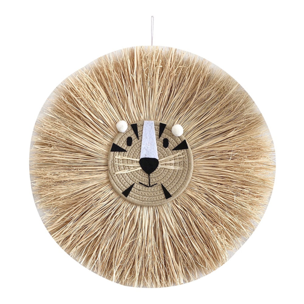Animal Head Hand-Woven Wall Hanging Craft,Cartoon Lion Tiger Straw and ...