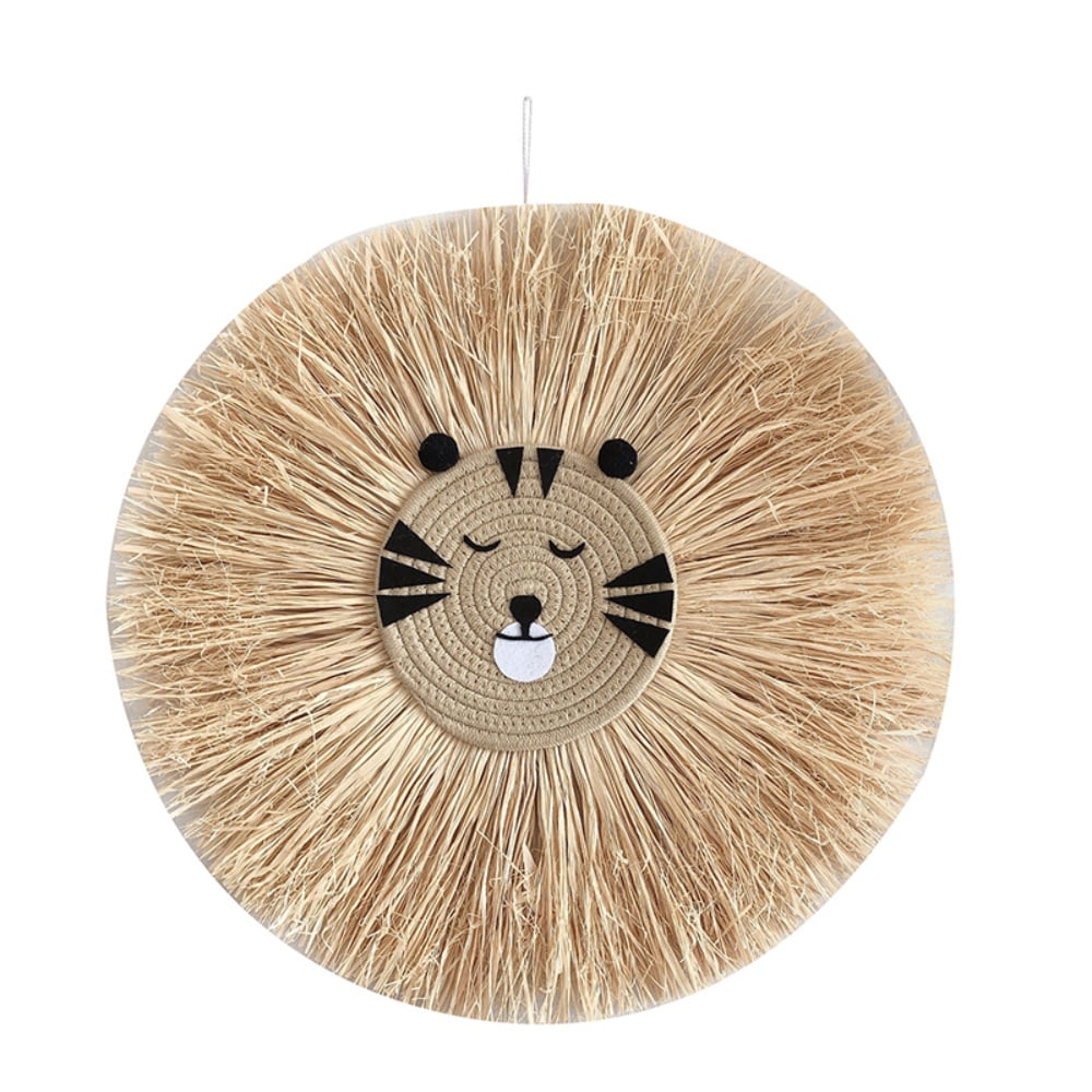 Animal Head Hand-Woven Wall Hanging Craft,Cartoon Lion Tiger Straw and ...