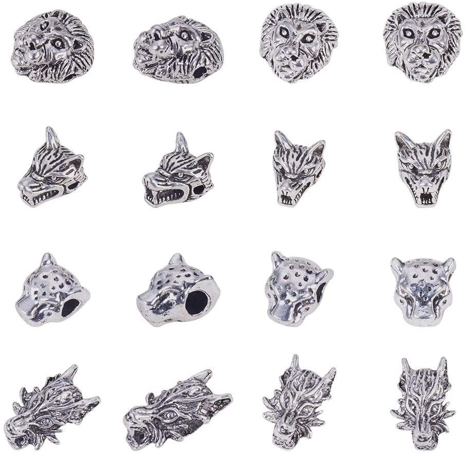 Animal Head Spacer Beads 40pcs 4 Styles Lion Wolf Leopard Dragon Head ...