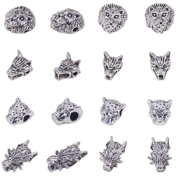 Animal Head Spacer Beads 40pcs 4 Styles Lion Wolf Leopard Dragon Head ...
