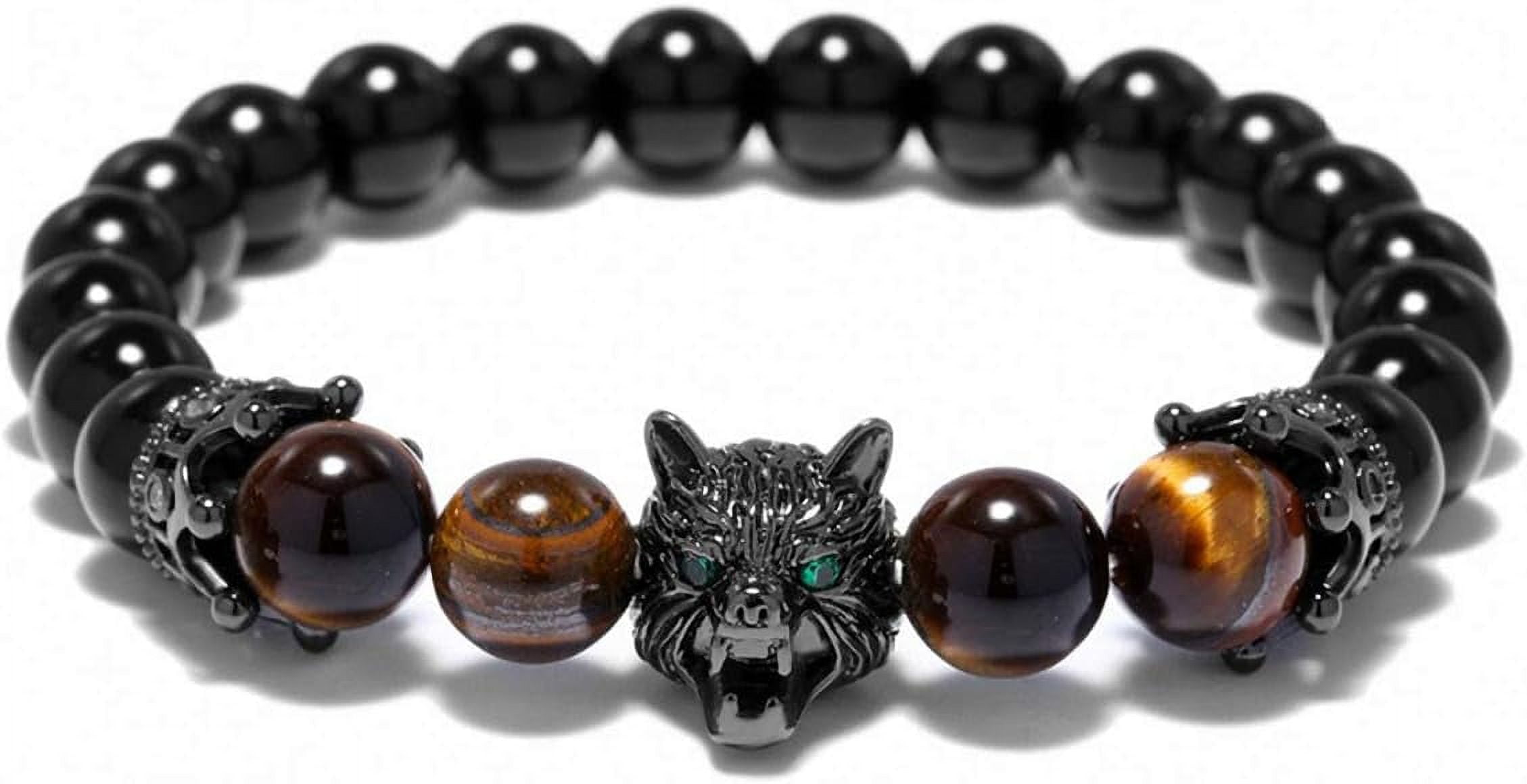 Animal Head Wolf Chain Bracelet Crown Natural Stone Punk Bracelet Men ...