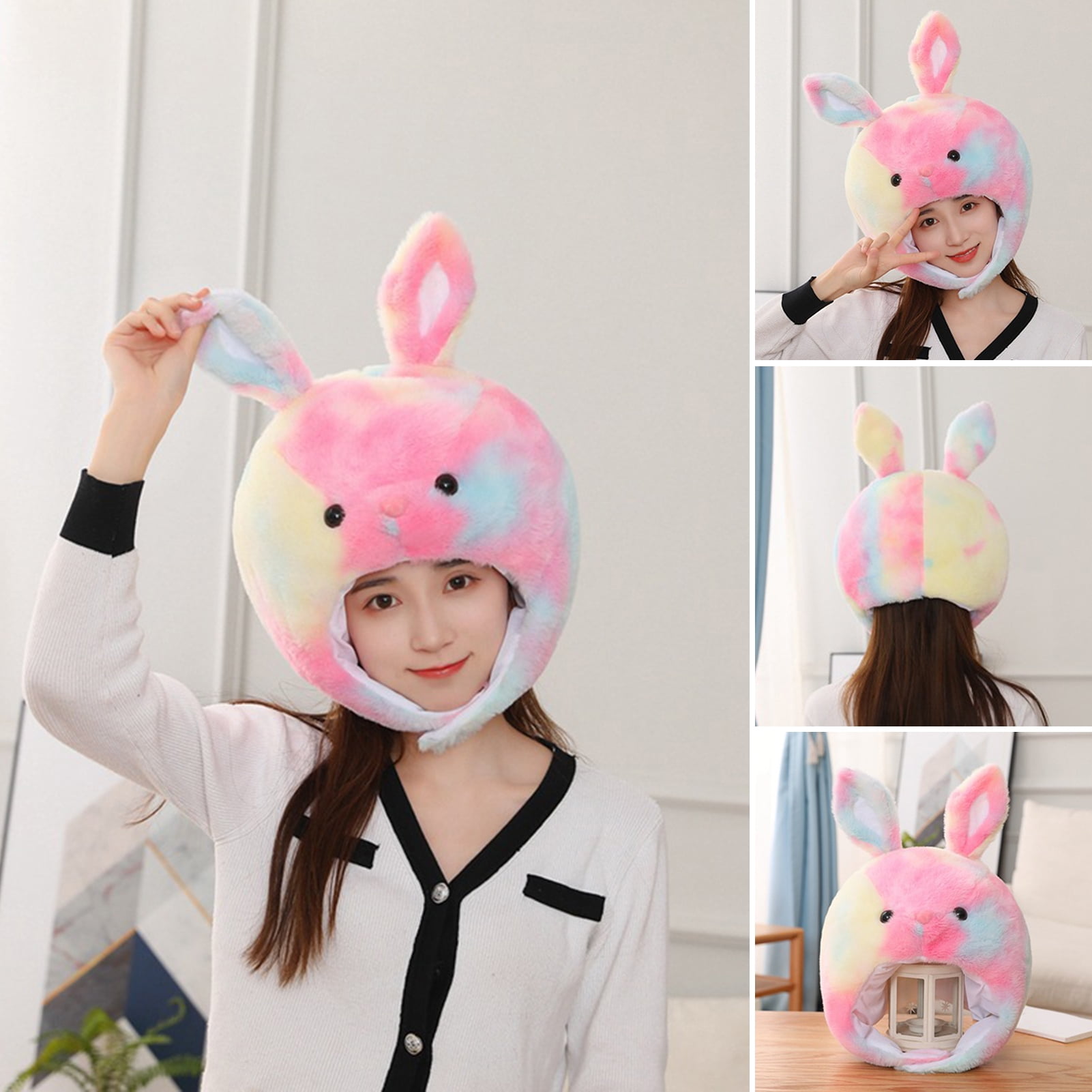 Animal Headgear Lovely Rainbow Color Round Bunny Hat Soft Dress Up Head ...