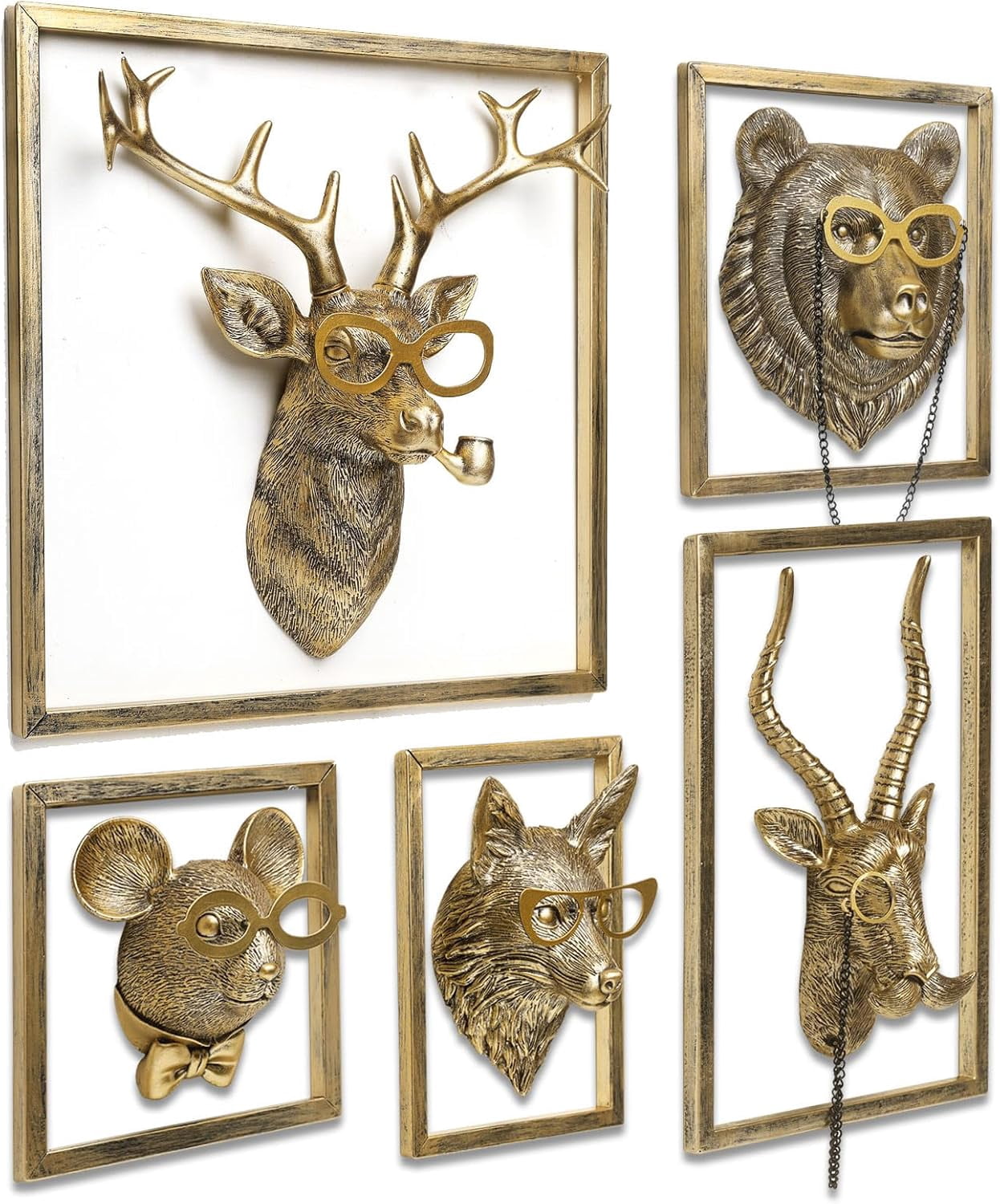 Animal Heads Wall Decor (5pcs, Includes Metal Frame) Resin Animals ...