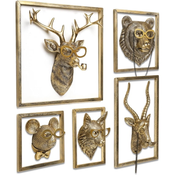 Animal Heads Wall Decor (5pcs, Includes Metal Frame) Resin Animals ...