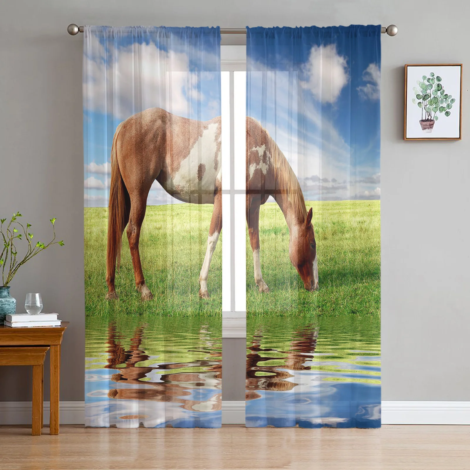 Animal Horse Watercolor Painting Tulle Sheer Curtains for Living Room ...