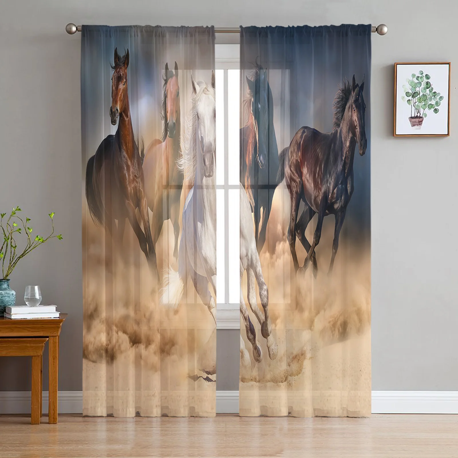 Animal Horse Watercolor Painting Tulle Sheer Curtains for Living Room ...