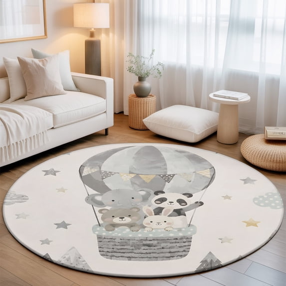 Animal Hot Air Balloon 3.3' Round Rug for Bedroom Reading Corner, Panda ...