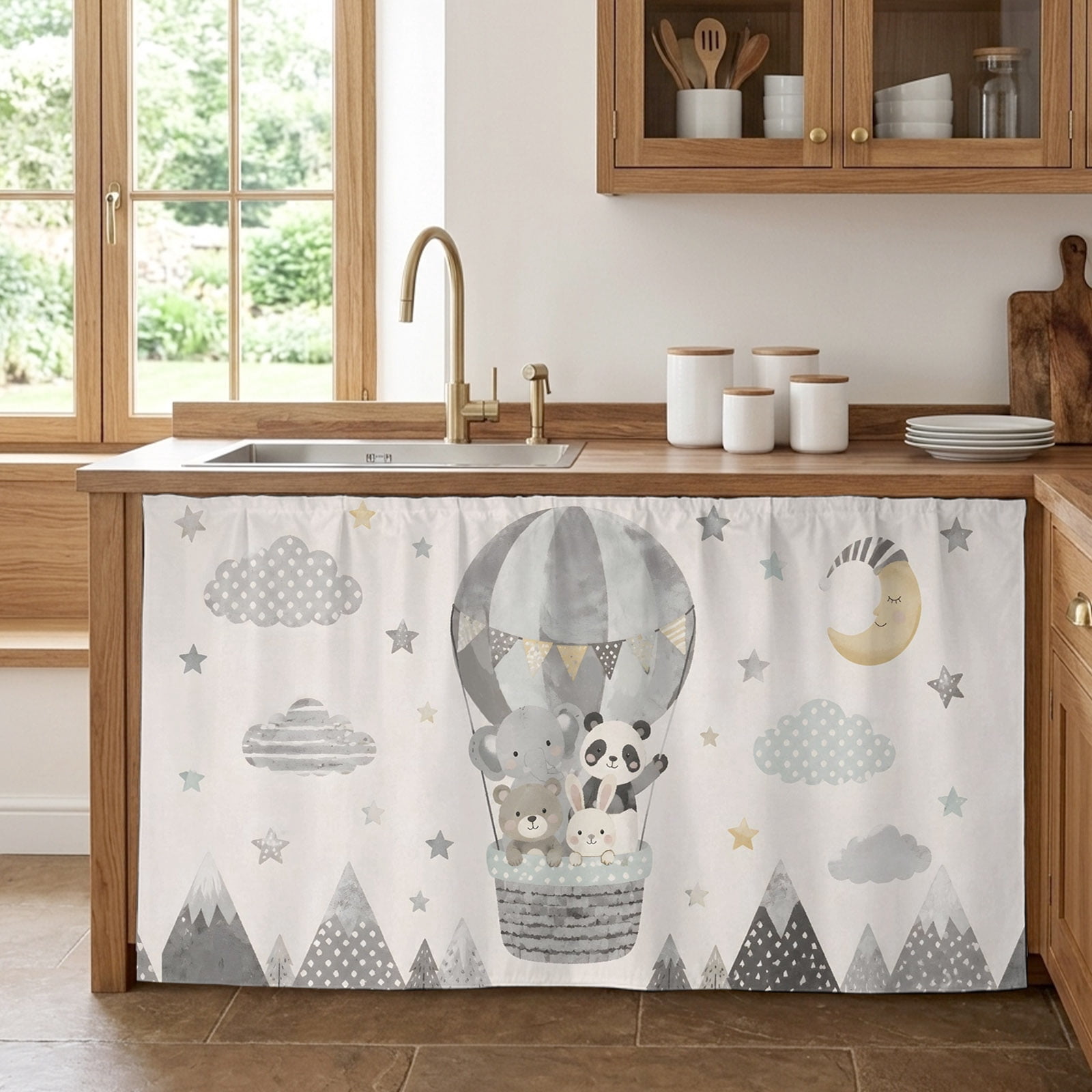 Animal Hot Air Balloon Cabinet Curtains 32" W x 55" L, Panda Elephant ...