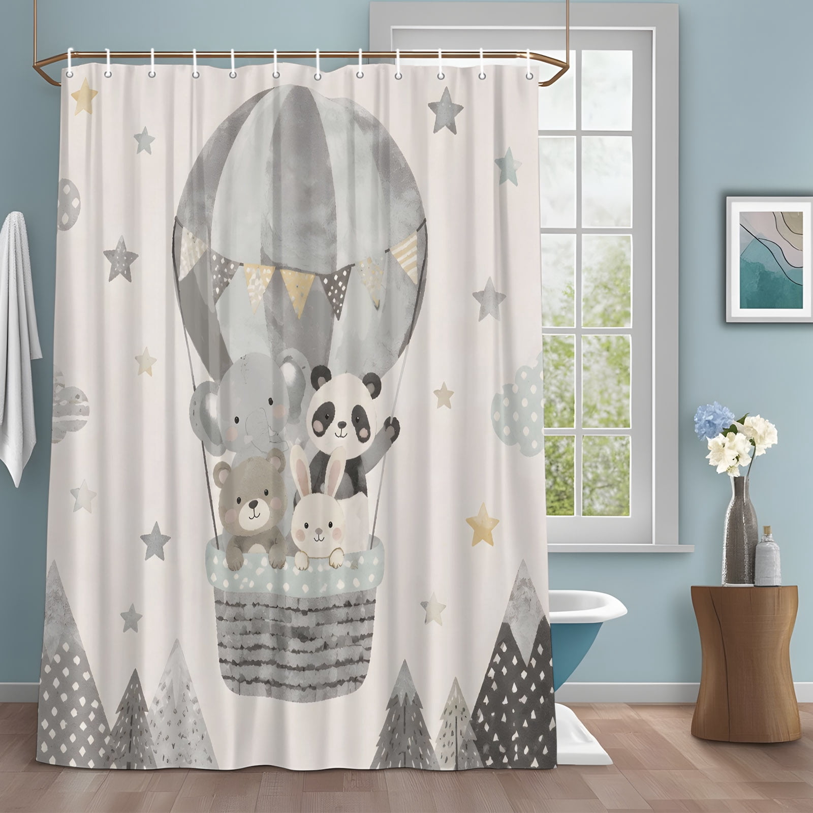 Animal Hot Air Balloon Shower Curtain Set with Hooks, Panda Elephant ...