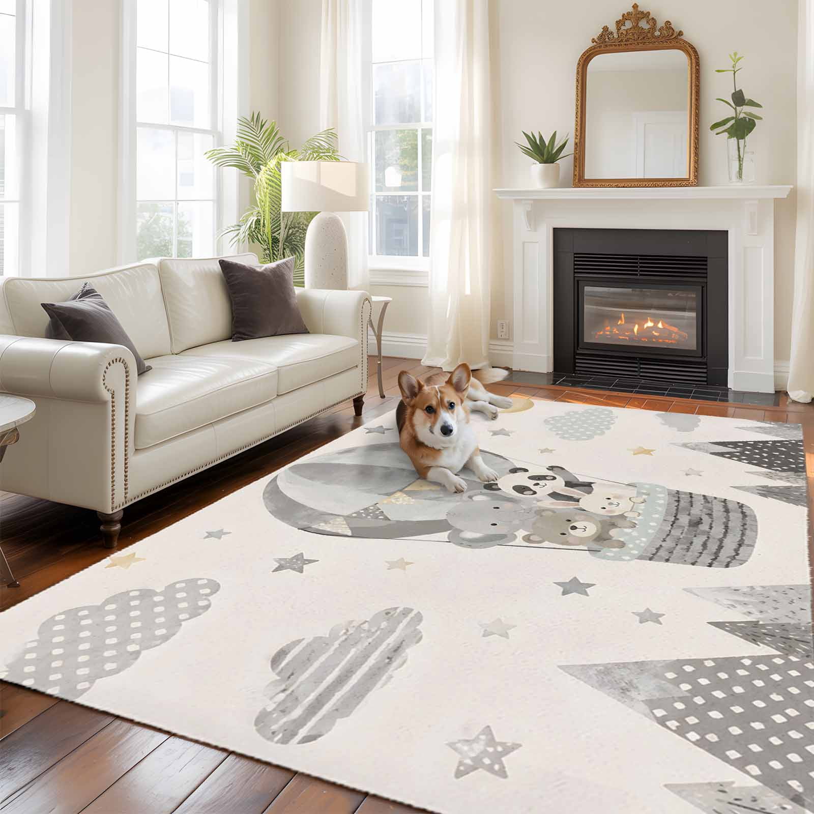 Animal Hot Air Balloon Washable Area Rug 5x7 Panda Elephant Bear Rabbit ...