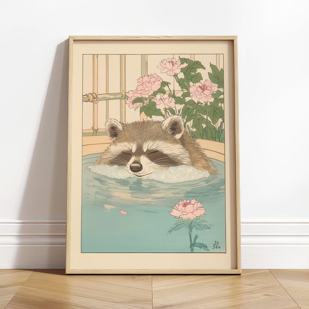 Animal In A Bathtub Kawaii Bathroom Print Vintage Japanese Wall Art Spa ...