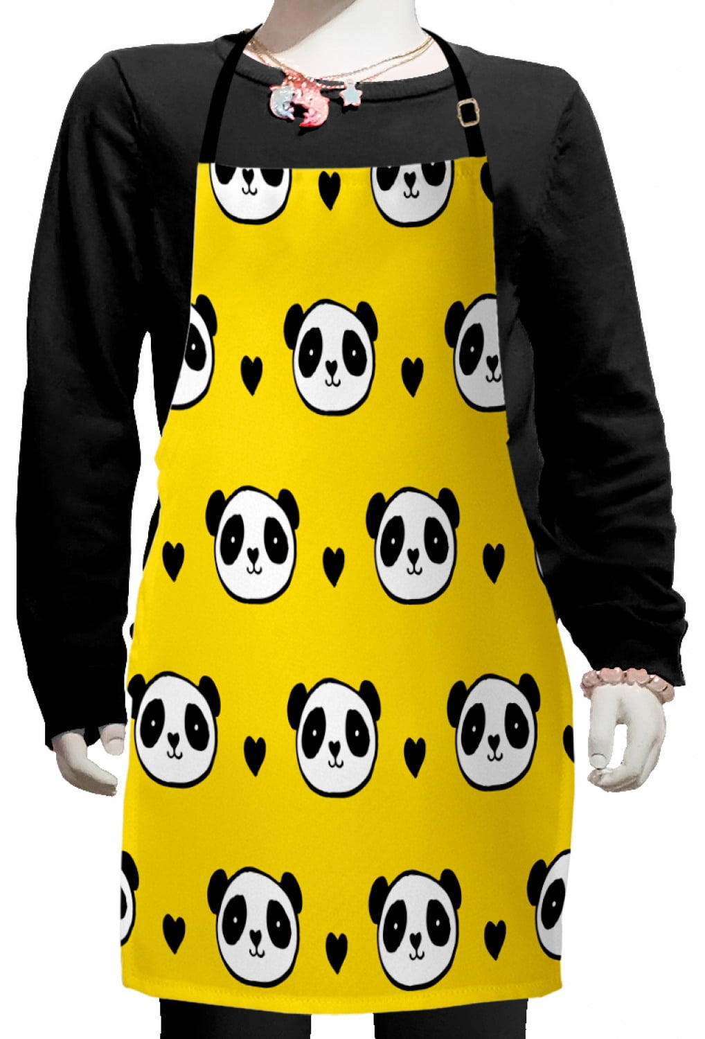 Animal Kids Apron, Smiling Panda Bear Heads and Little Heart on Yellow ...