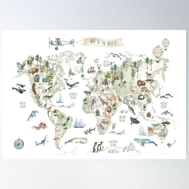 Animal Kids World Map Poster Wall Art, Modern Wall Decor For Living ...