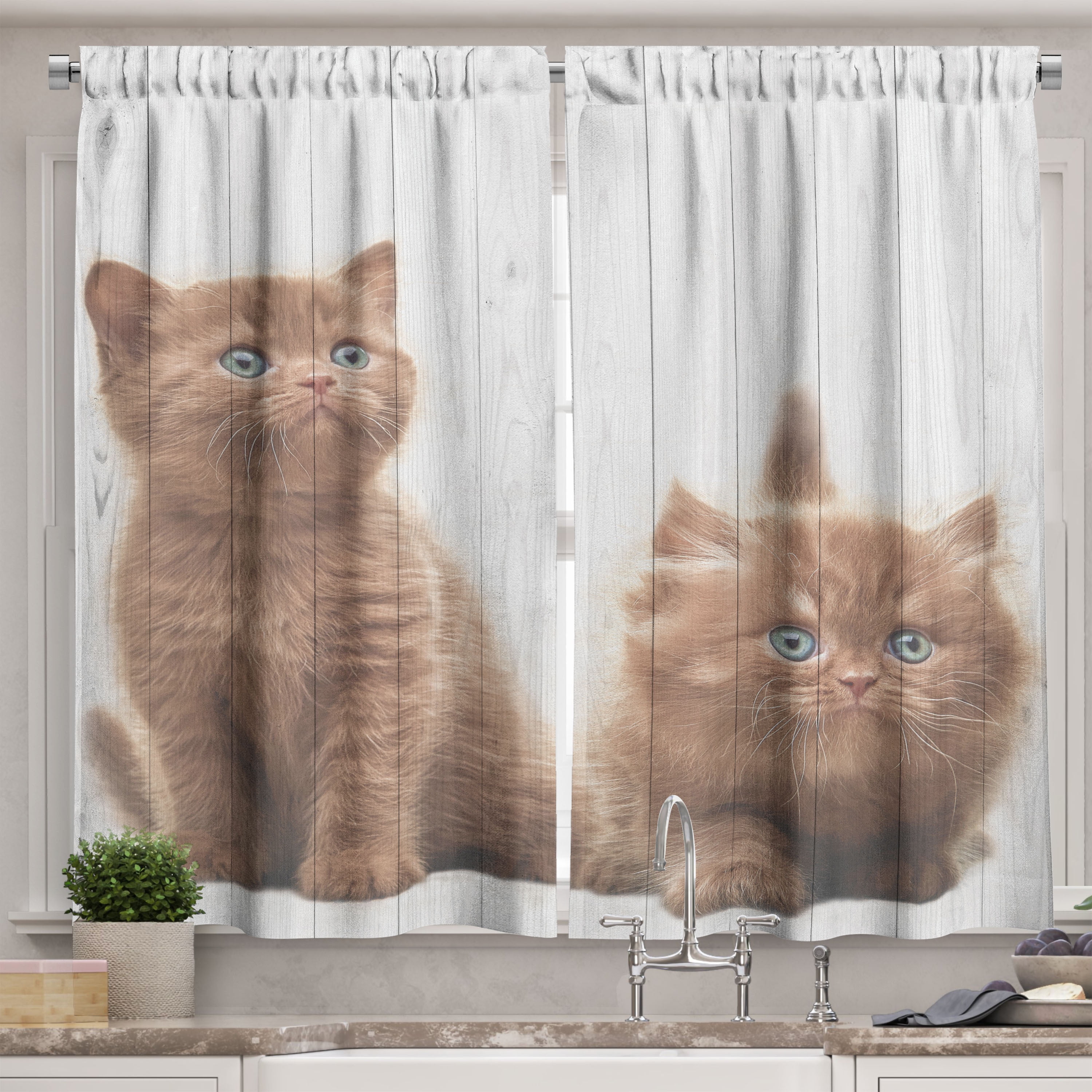 Animal Kitchen Curtains, Kittens Cats Feline Kitty Theme Art Print, Two ...