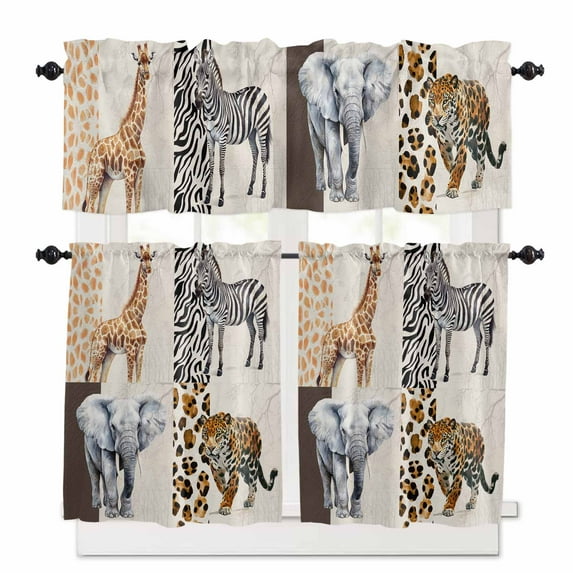 Animal Kitchen Curtains Valance and Tier Set Elephant Tiger Giraffe ...