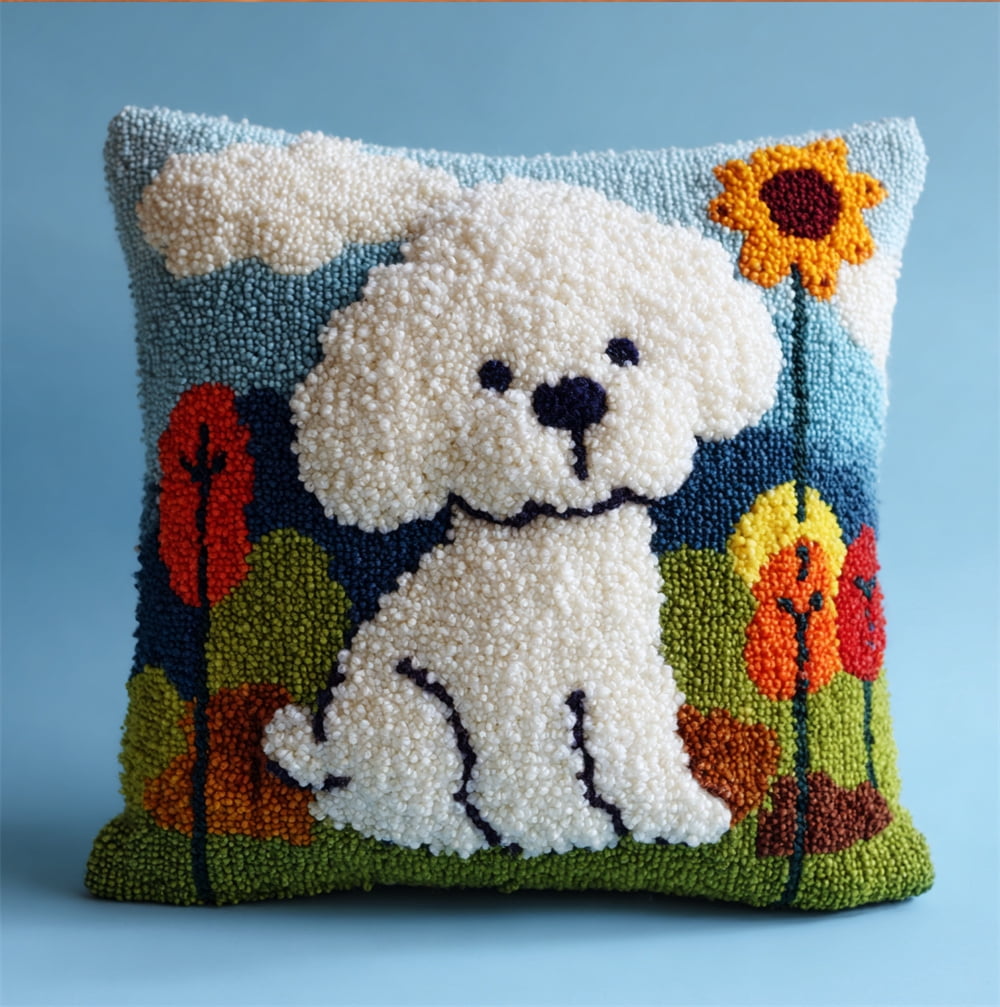 Animal Latch Hook Kit Cushion,Bichon Frize And Flowers,17X17Inch Pre ...