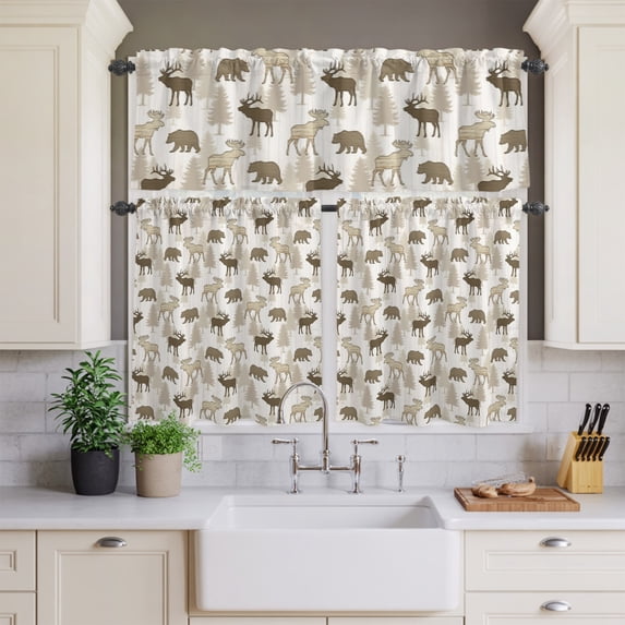 Animal Moose Bears Curtain Tier and Valance Set 3 Piece,Retro Rustic ...