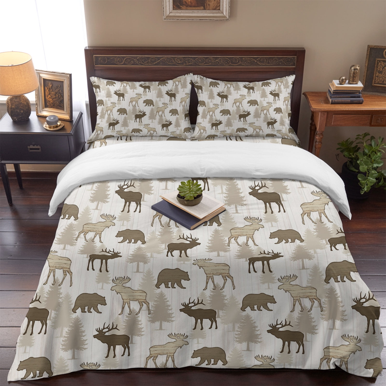 Animal Moose Bears Queen Size Bed Set,Retro Rustic Pine Trees Bedding ...
