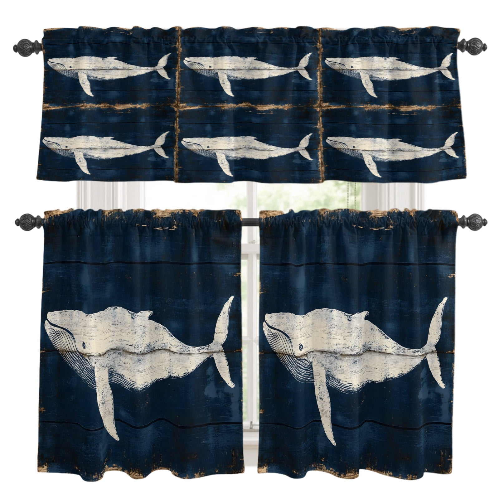Animal Motif Kitchen Curtains Set for Windows, Vintage Theme Whale ...
