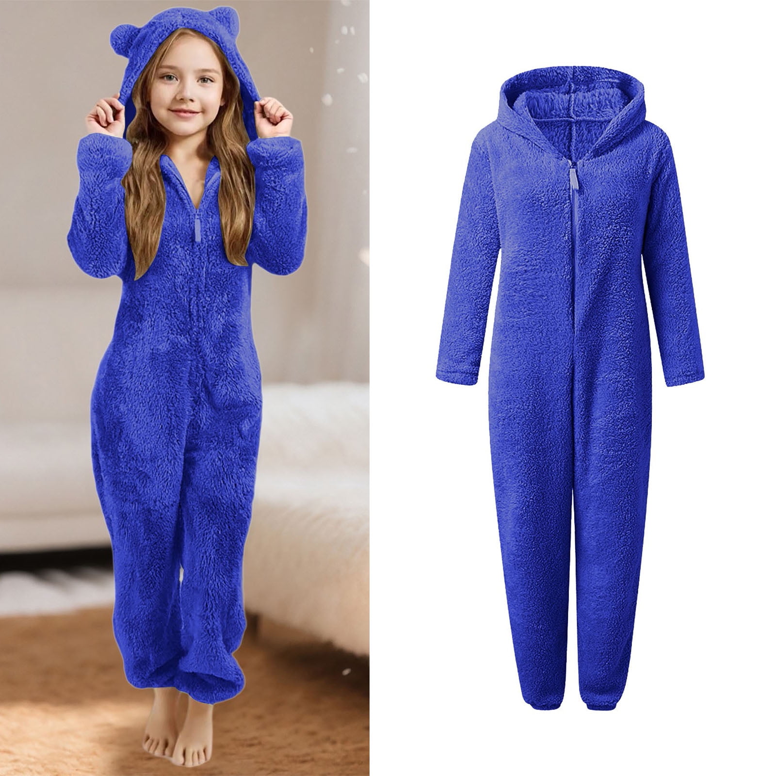 Animal Onesie Pajamas Fleece Bear Hooded One-Piece Sleepwear Zip-Up Fall Pajamas One-Piece ...