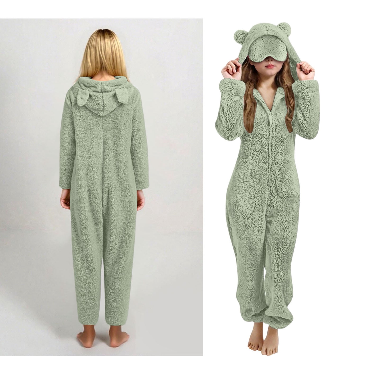 Animal Onesie Warm Pajamas with Eye Mask for Girls Fleece Hooded Romper ...