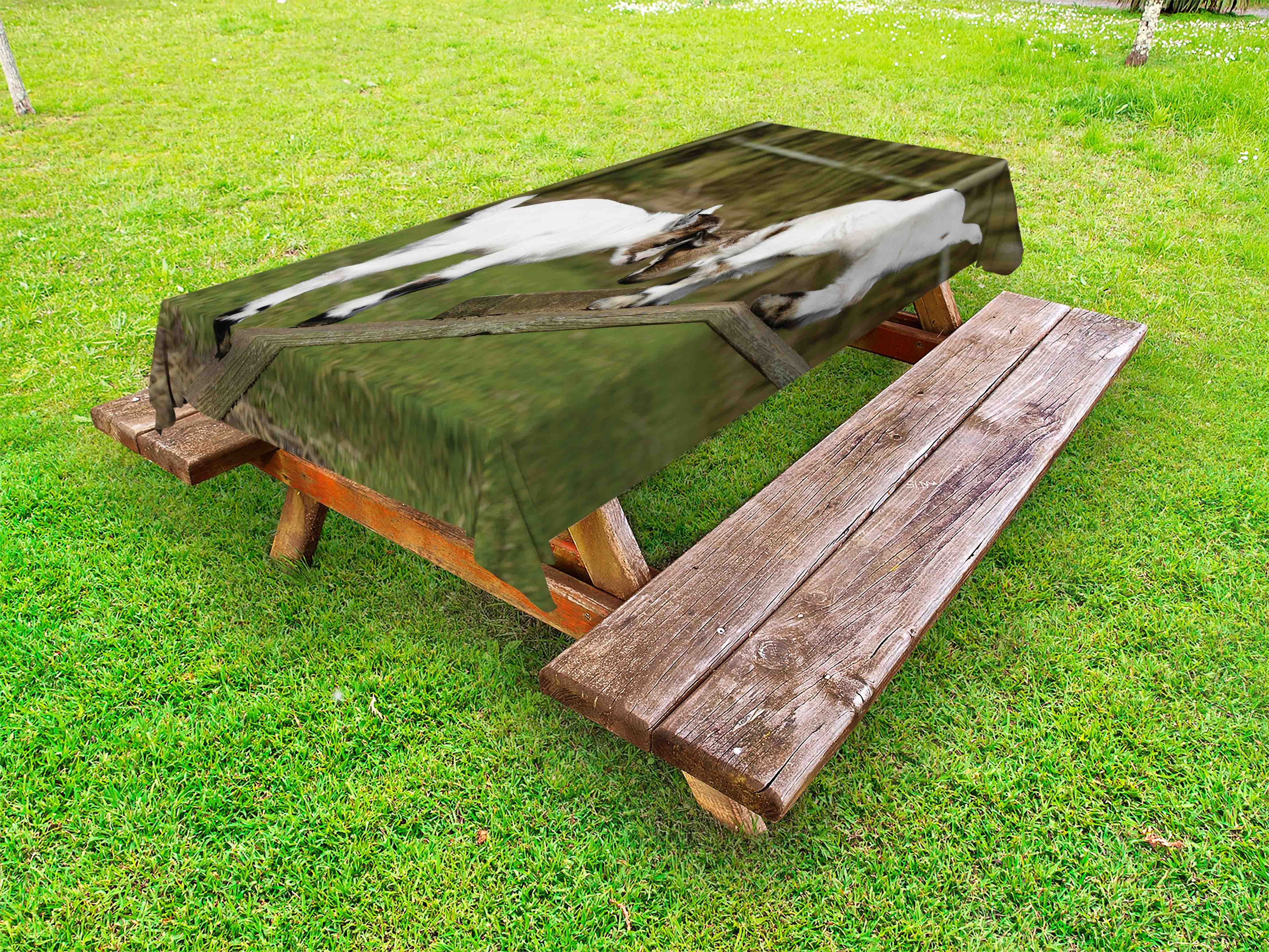Animal Outdoor Tablecloth, Two Cute Little Baby Goats on a Bench ...