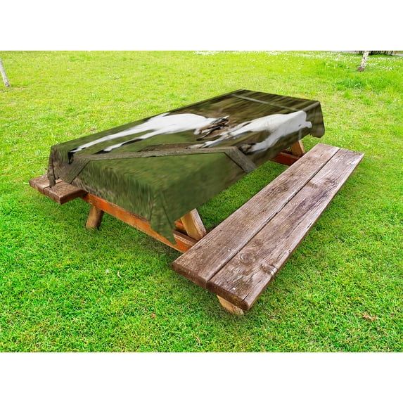 Animal Outdoor Tablecloth, Two Cute Little Baby Goats on a Bench ...