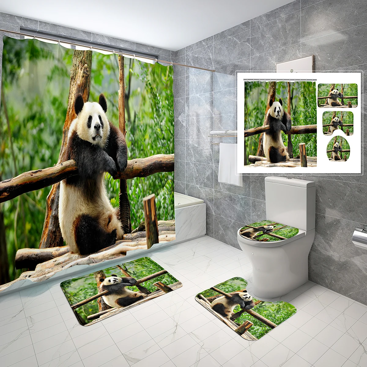 Animal Panda Shower Curtain Set Real Photo of Cute Panda 4 Pcs Shower ...