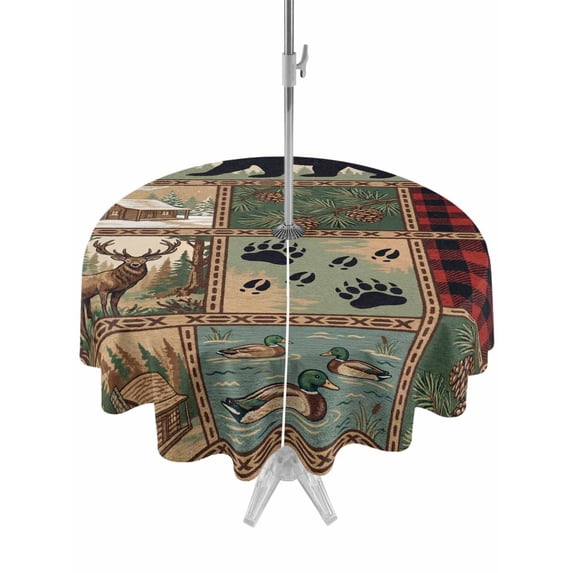 Animal Patchwork Round Outdoor Tablecloth with Umbrella Hole Forest ...