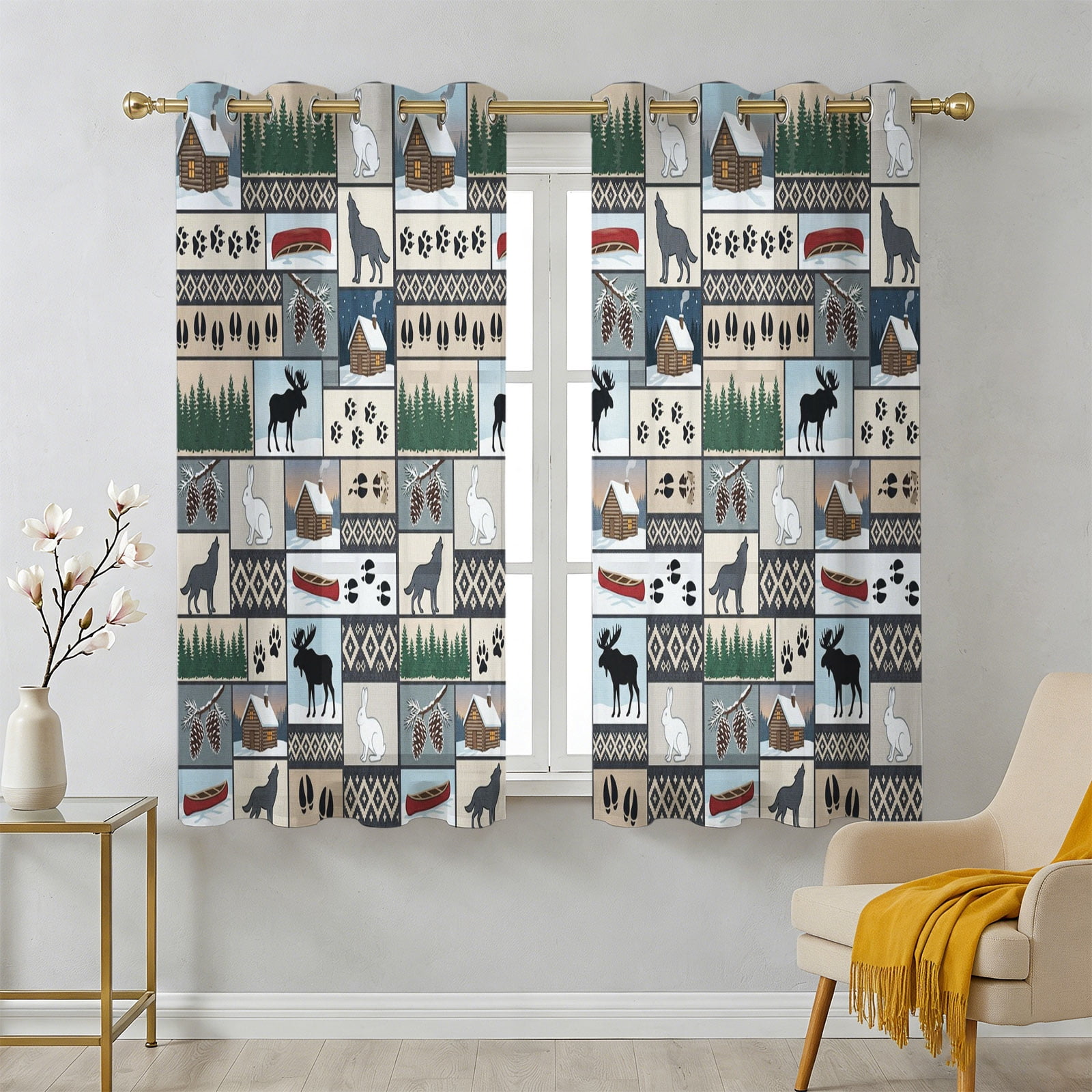 Animal Patchwork Sheer Curtains 45 Inch Long 2 Panels, Country Forest ...