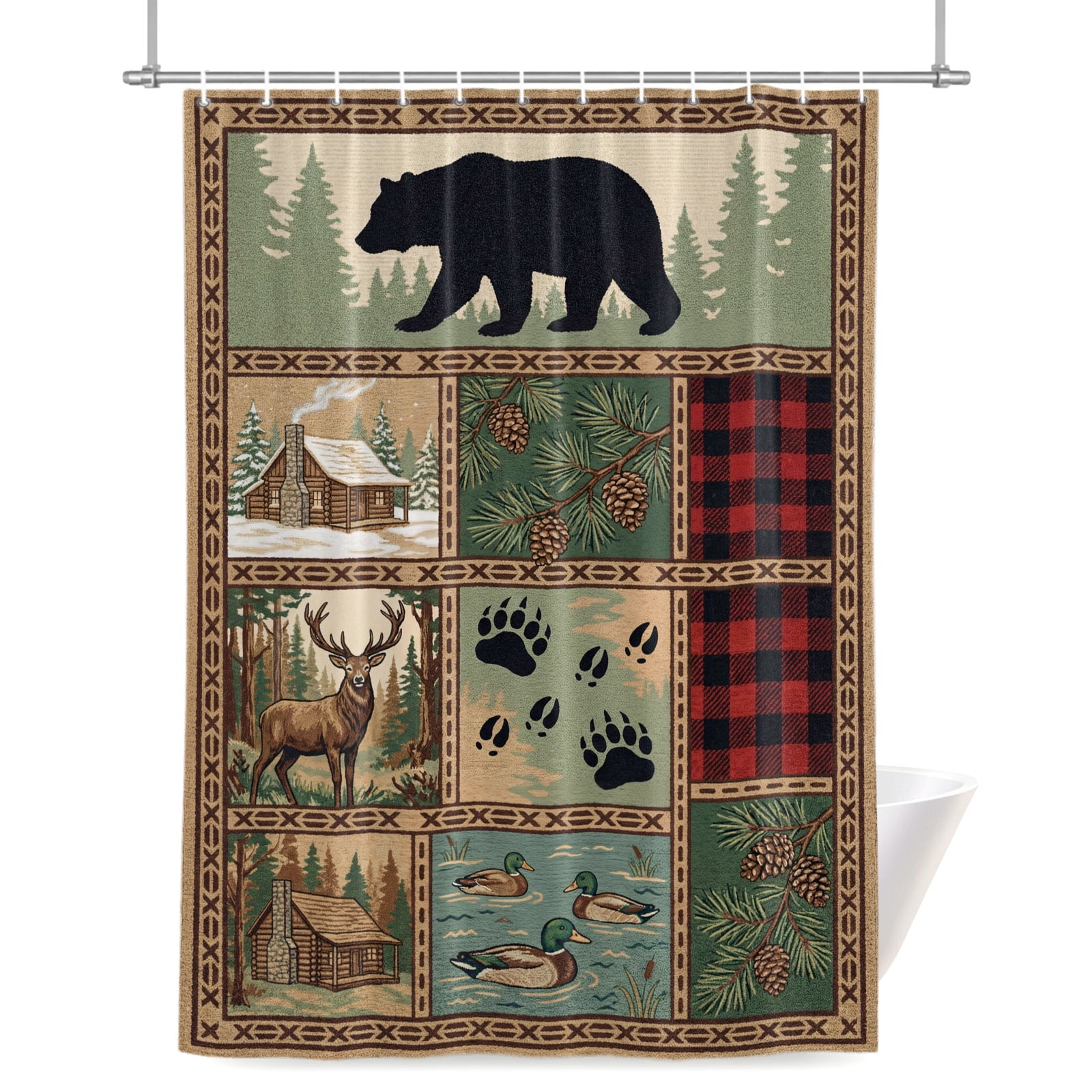 Animal Patchwork Shower Curtain, Forest Farmhouse Bear Deer Tree ...
