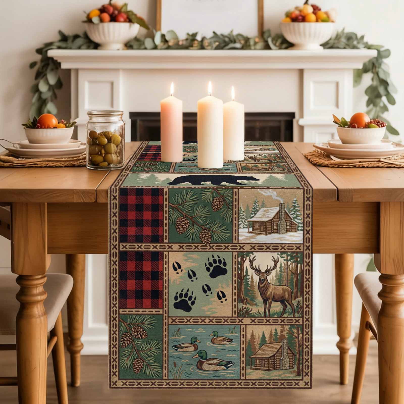 Animal Patchwork Table Runner, Forest Farmhouse Bear Deer Tree Pinecon ...