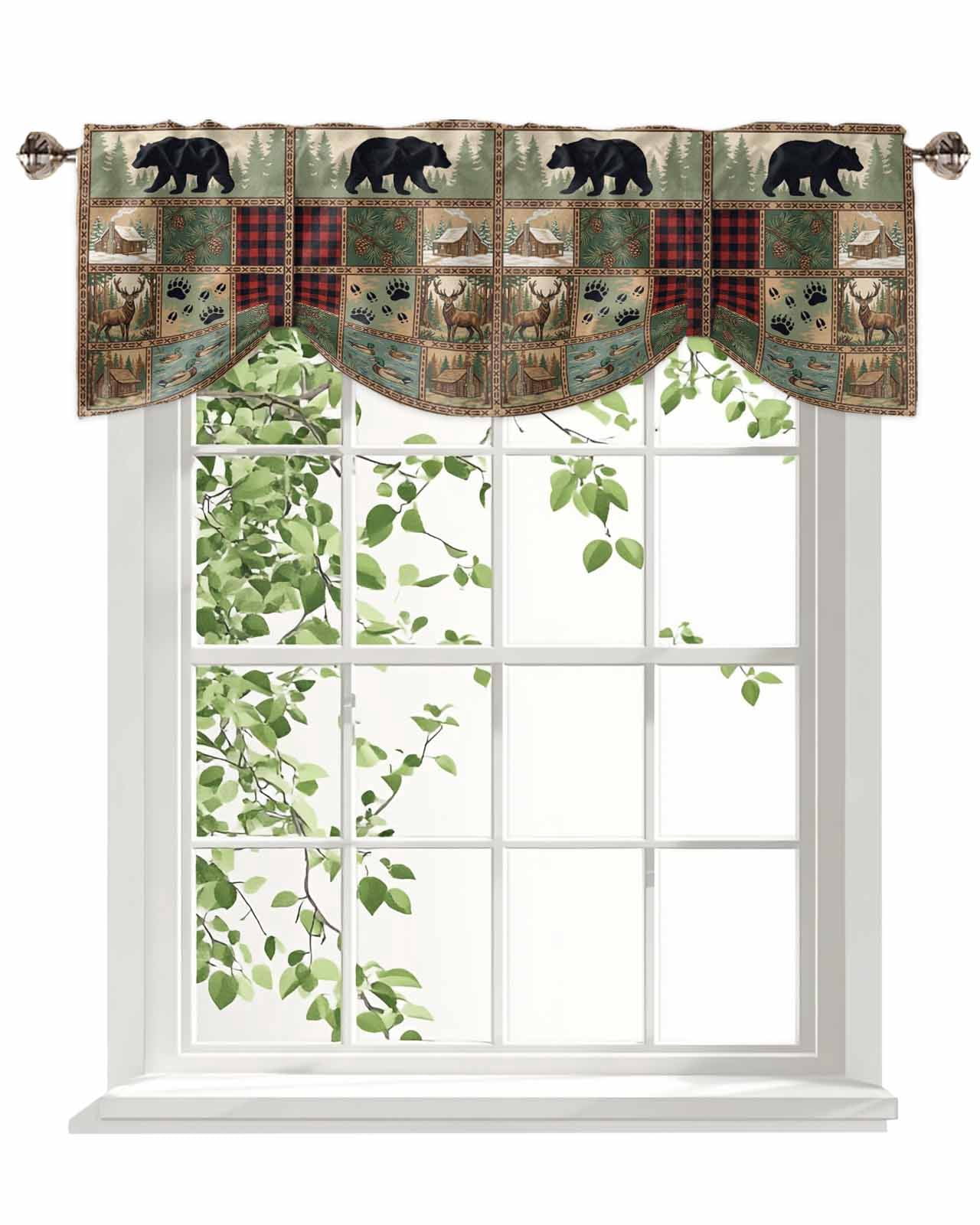 Animal Patchwork Tie Up Valances Curtain, Forest Farmhouse Bear Deer ...
