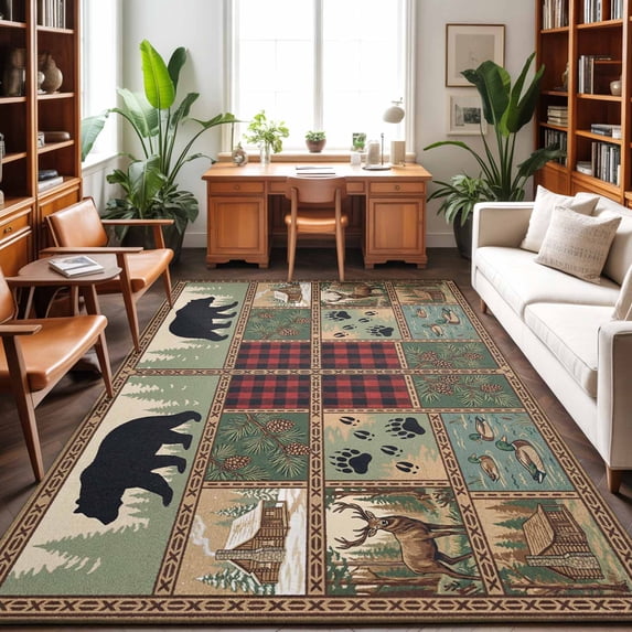 Animal Patchwork Washable Area Rug 3 x 5 ft Forest Farmhouse Bear Deer ...